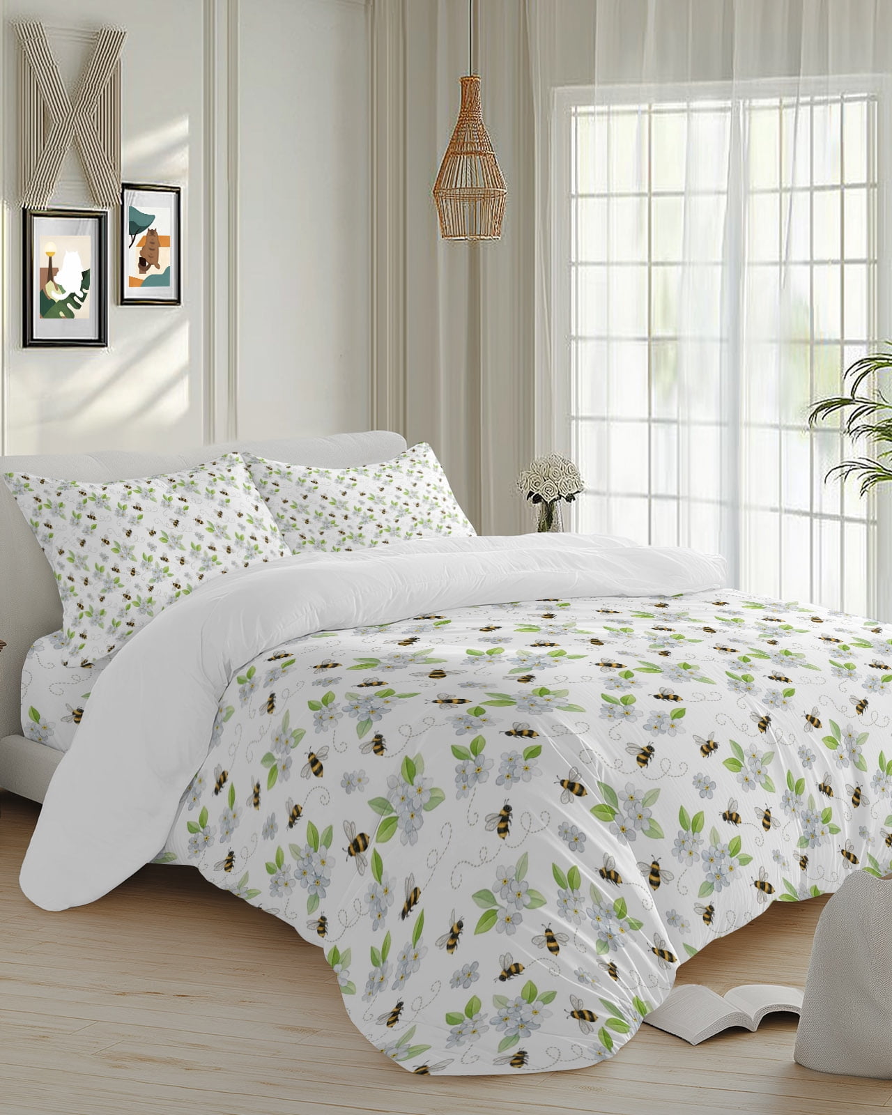 4 Piece Duvet Cover Set Queen, Farmhouse Green Leaves Soft Breathable ...