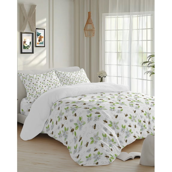4 Piece Duvet Cover Set Queen, Farmhouse Green Leaves Soft Breathable ...