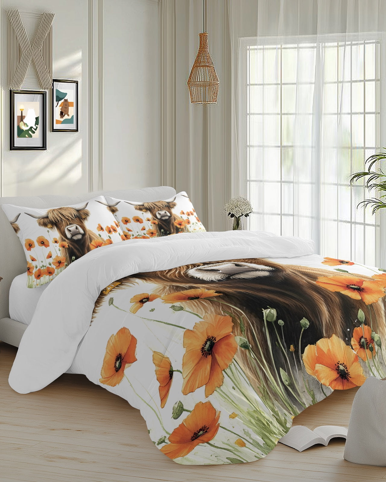 4 Piece Duvet Cover Set Queen, Farmhouse Highland Cattle Poppy on White ...