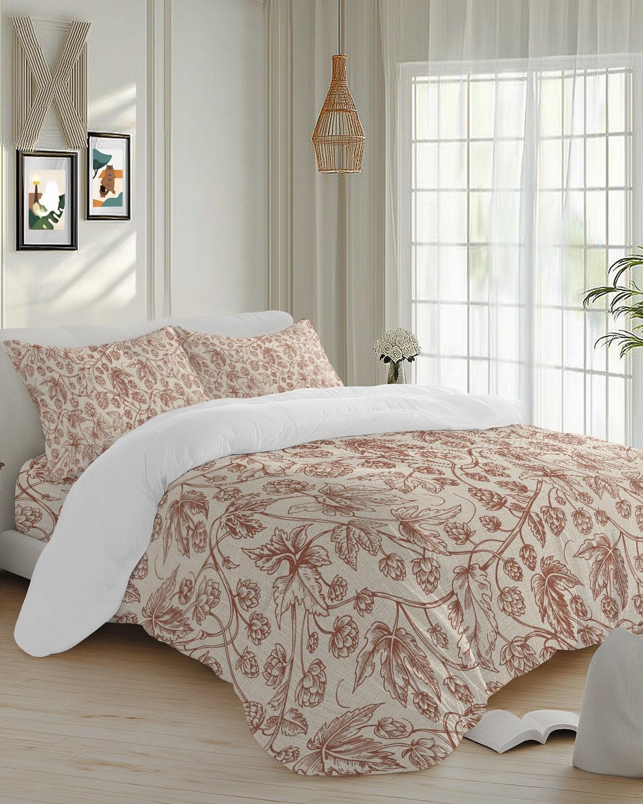 4 Piece Duvet Cover Set Queen, Farmhouse Leaves Hazelnut Sketch Soft ...