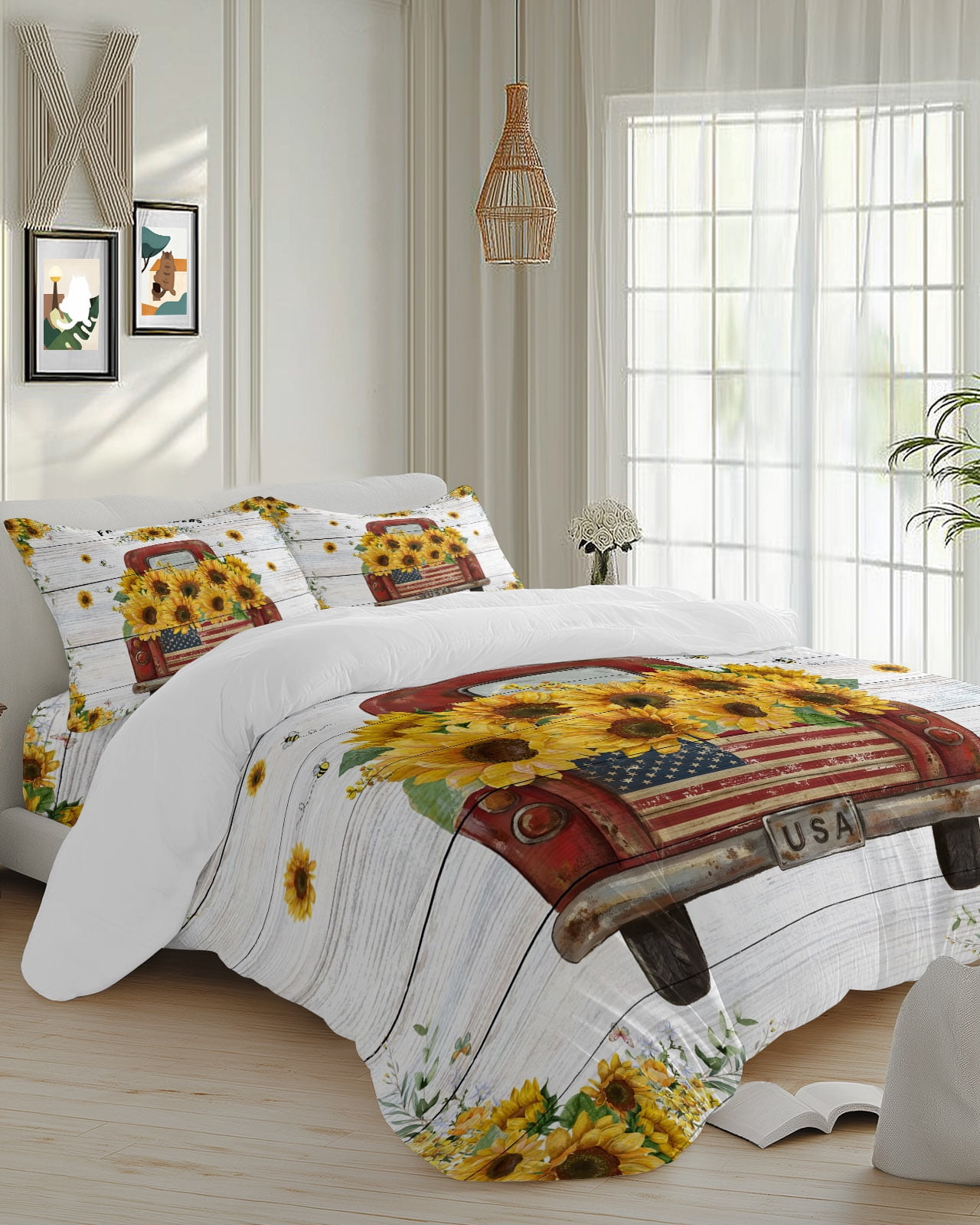 4 Piece Duvet Cover Set Queen, Farmhouse Red Truck Sunflower Soft ...