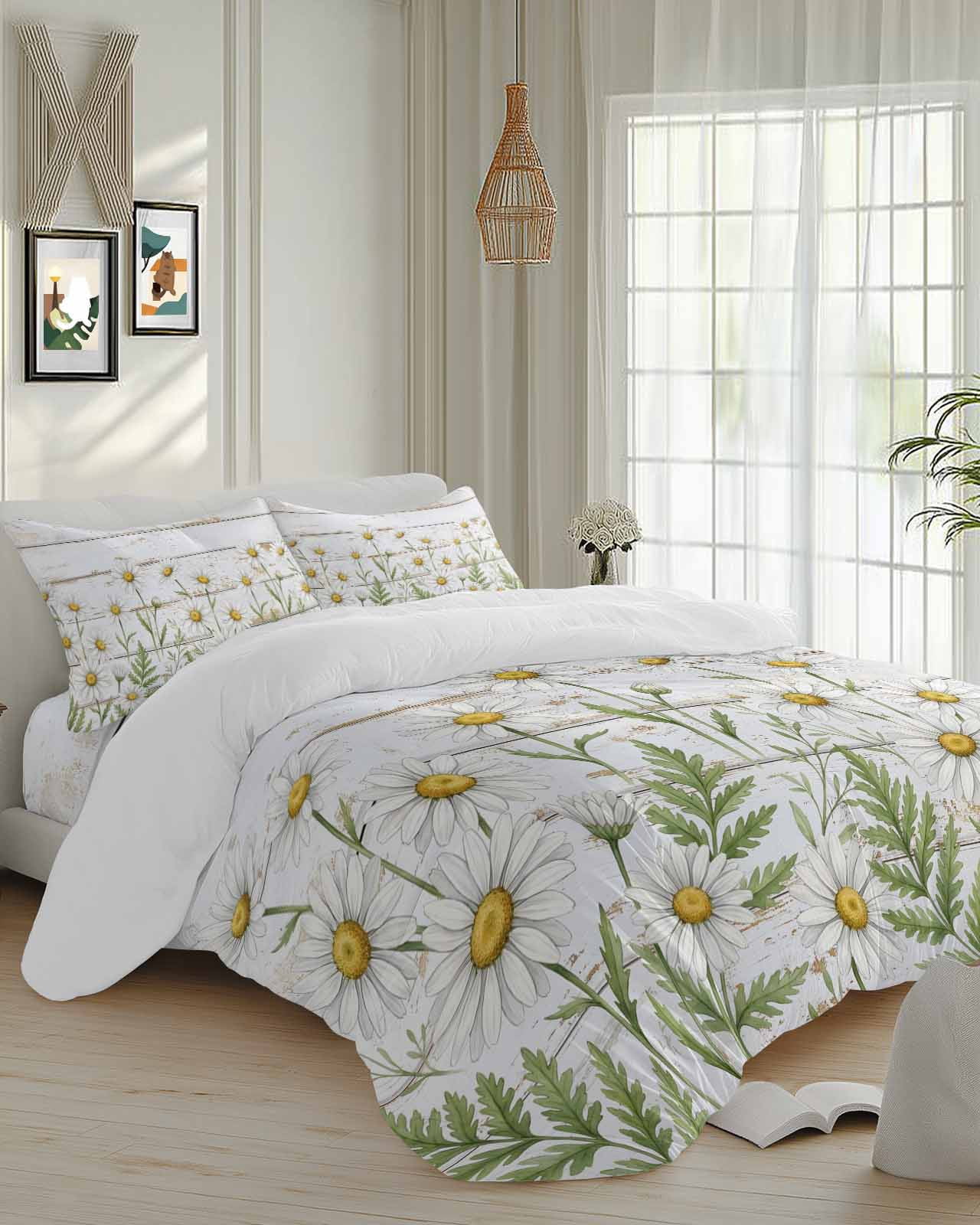 4 Piece Duvet Cover Set Queen, Farmhouse Wildflower Daisy Soft ...