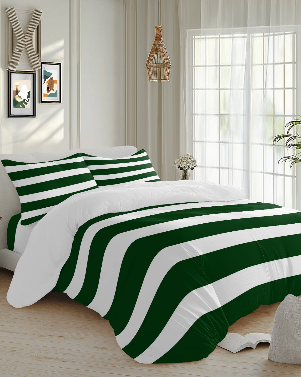 4 Piece Duvet Cover Set Queen, Forest Green Stripes Abstract Soft ...