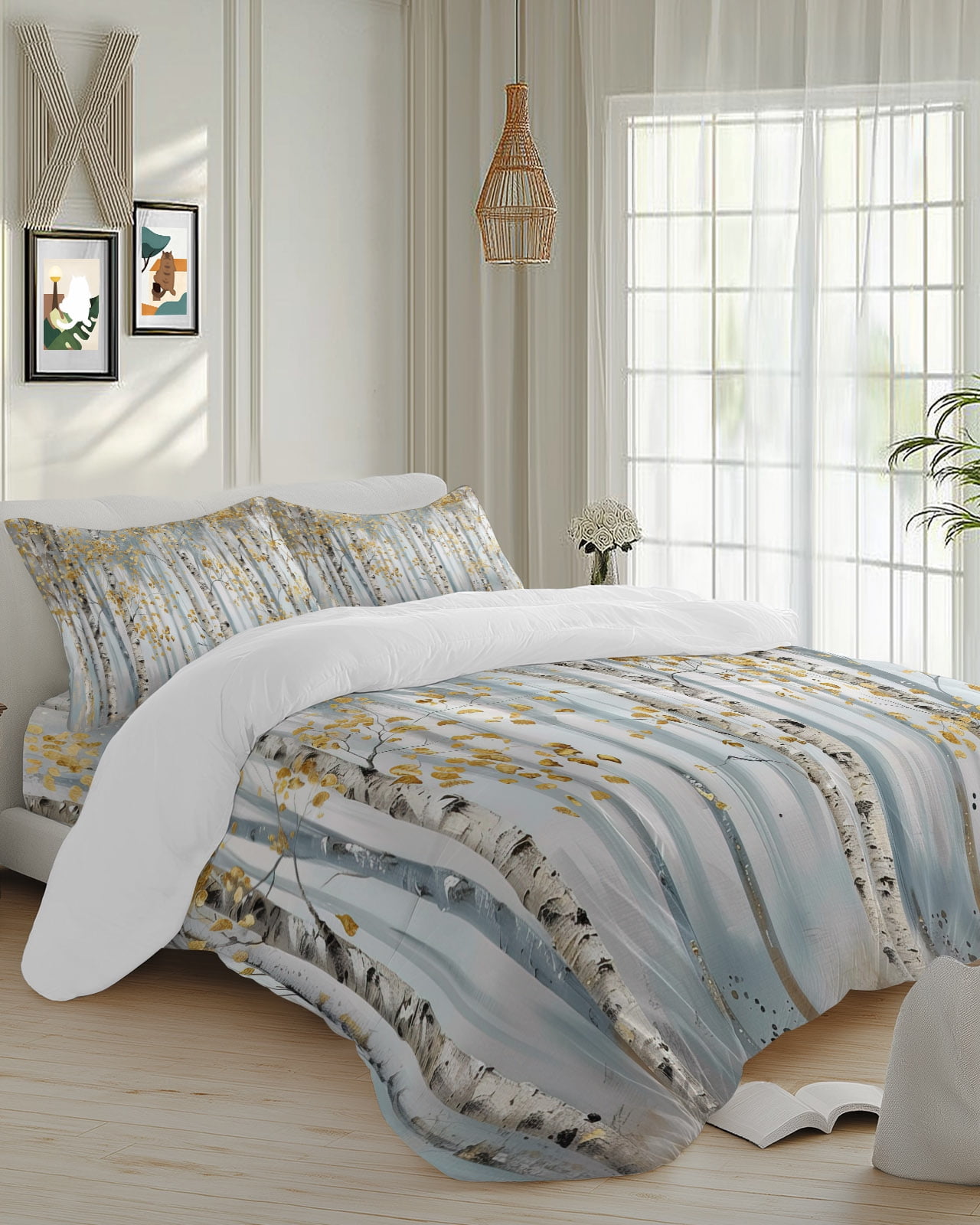 4 Piece Duvet Cover Set Queen, Forest Yellow Leaf Gray Tree Soft ...