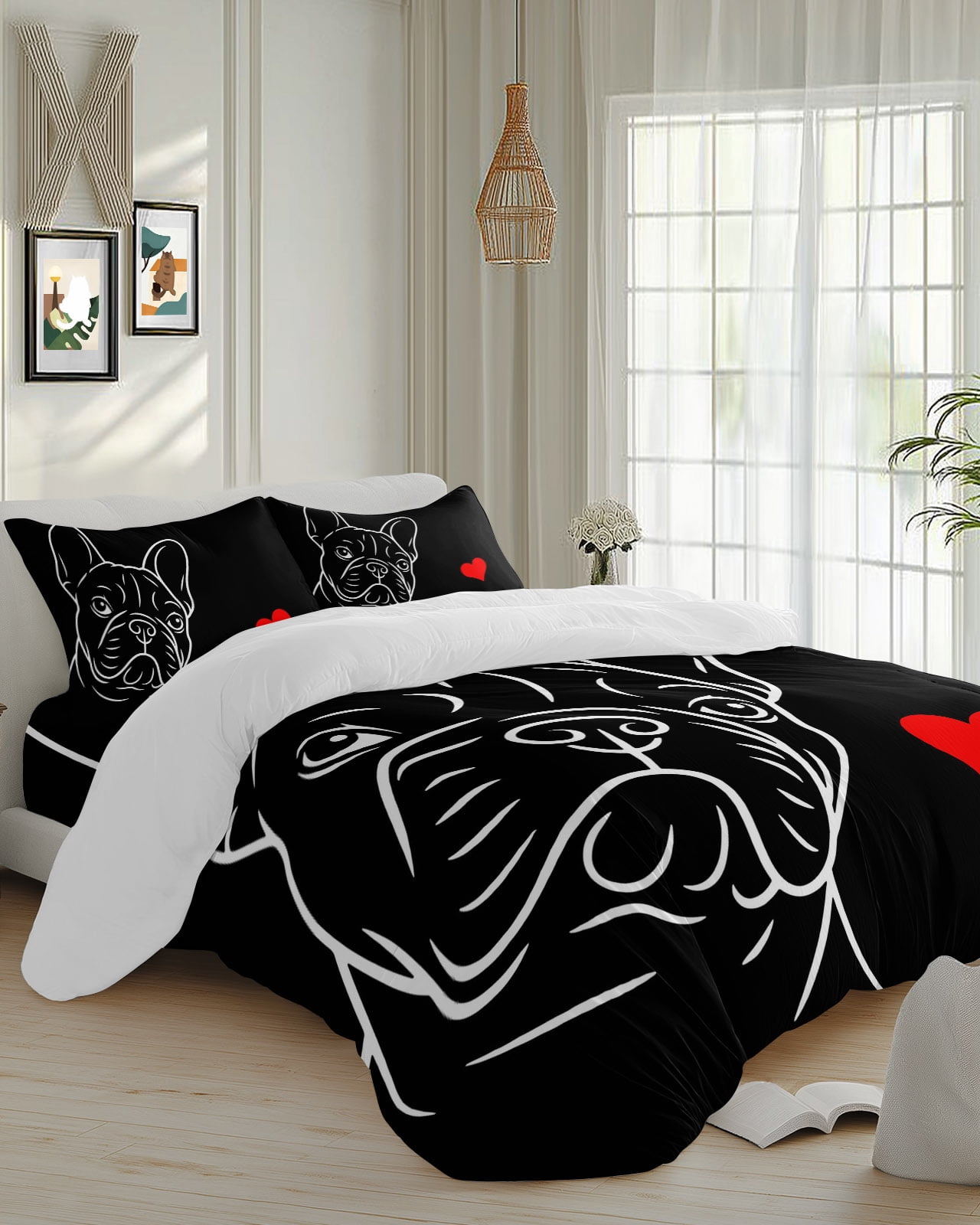 4 Piece Duvet Cover Set Queen, French Bulldog Red Love Heart on Black ...