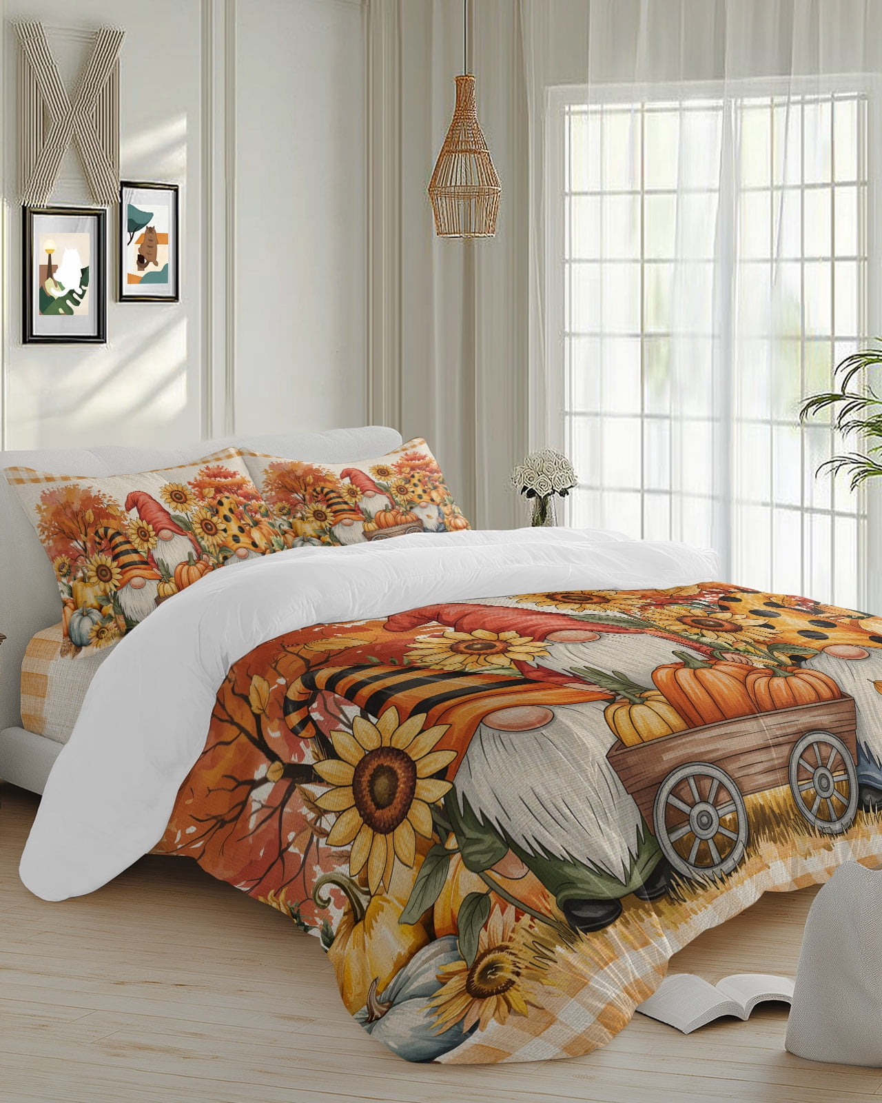 4 Piece Duvet Cover Set Queen, Gnome Thanksgiving Pumpkin Autumn Maple ...