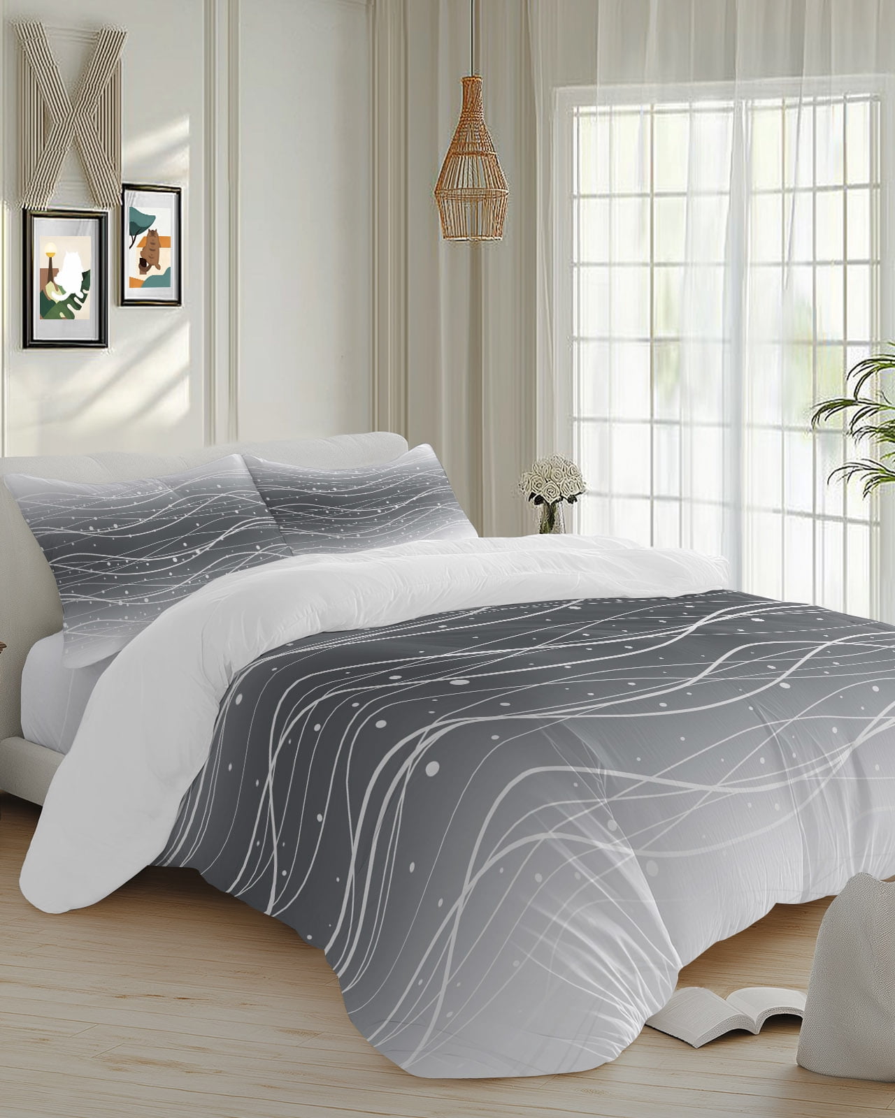 4 Piece Duvet Cover Set Queen, Gradient Black White Waves Soft ...