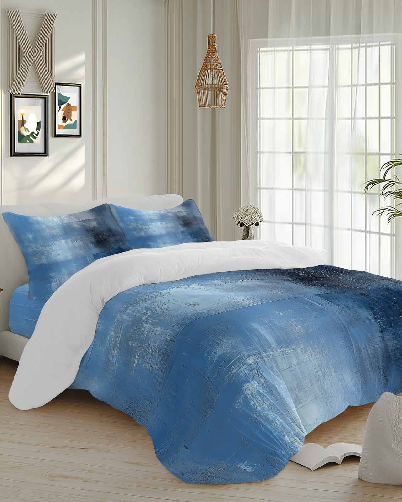 4 Piece Duvet Cover Set Queen, Gradient Blue Grey Oil Painting Soft ...
