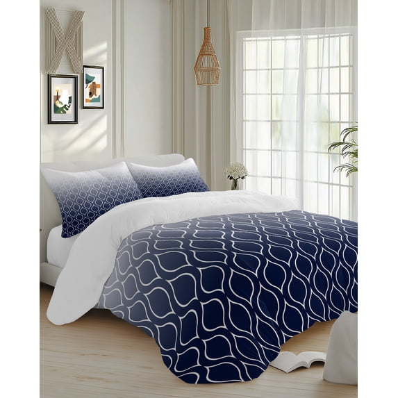 4 Piece Duvet Cover Set Queen, Gradient Navy Blue White Grid Soft ...
