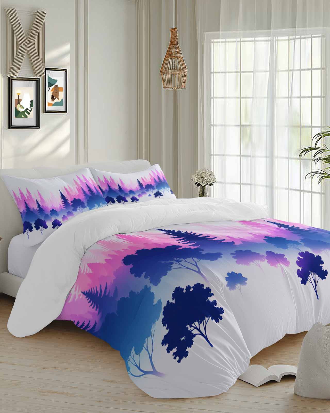 4 Piece Duvet Cover Set Queen, Gradient Purple Forest Leaves Soft ...