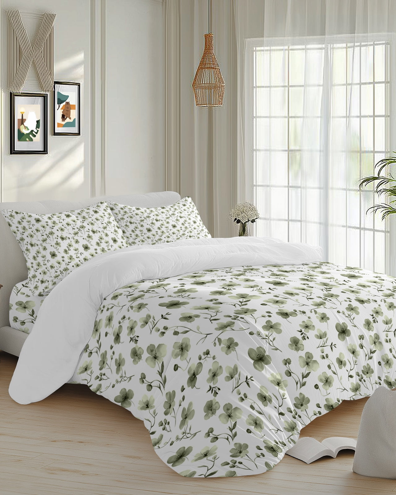 4 Piece Duvet Cover Set Queen, Green Flower Leaves on White Soft ...