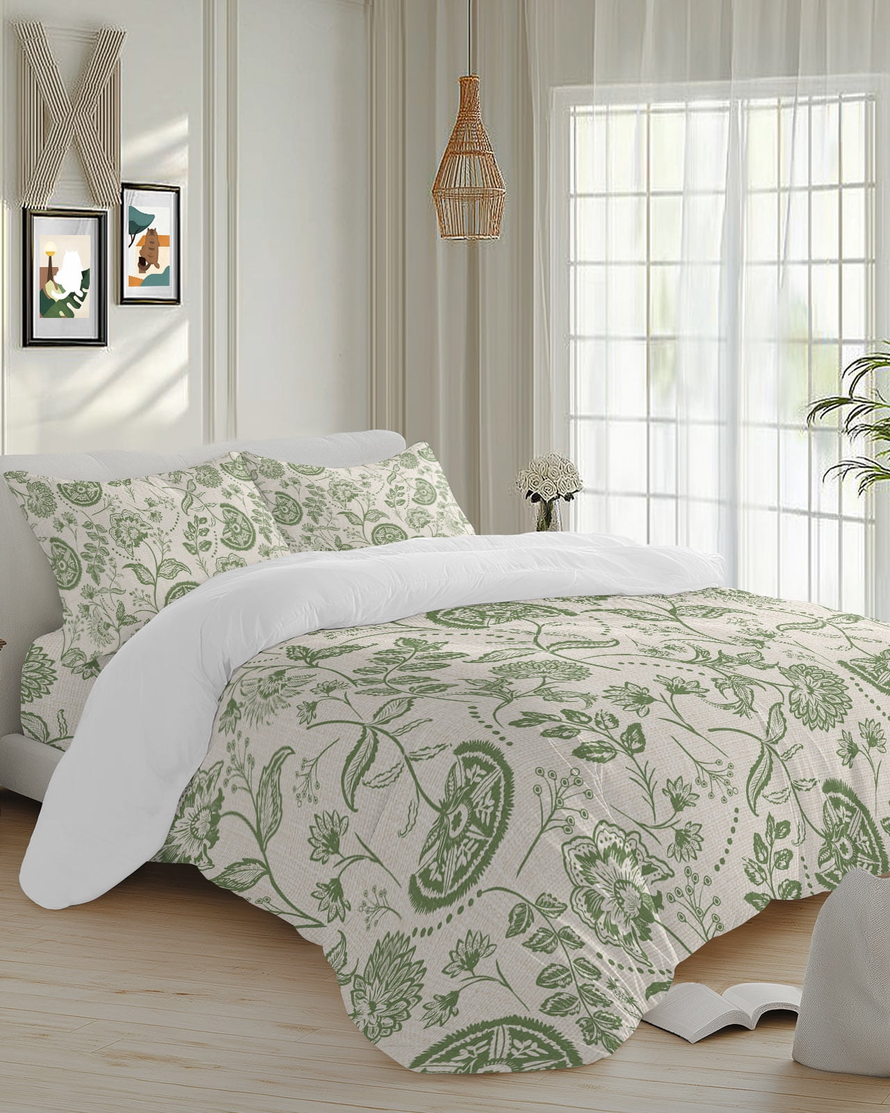 4 Piece Duvet Cover Set Queen, Green Retro Ethnic Flower Leaves Soft ...