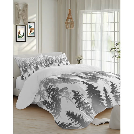 4 Piece Duvet Cover Set Queen, Grey Forest on White Soft Breathable ...