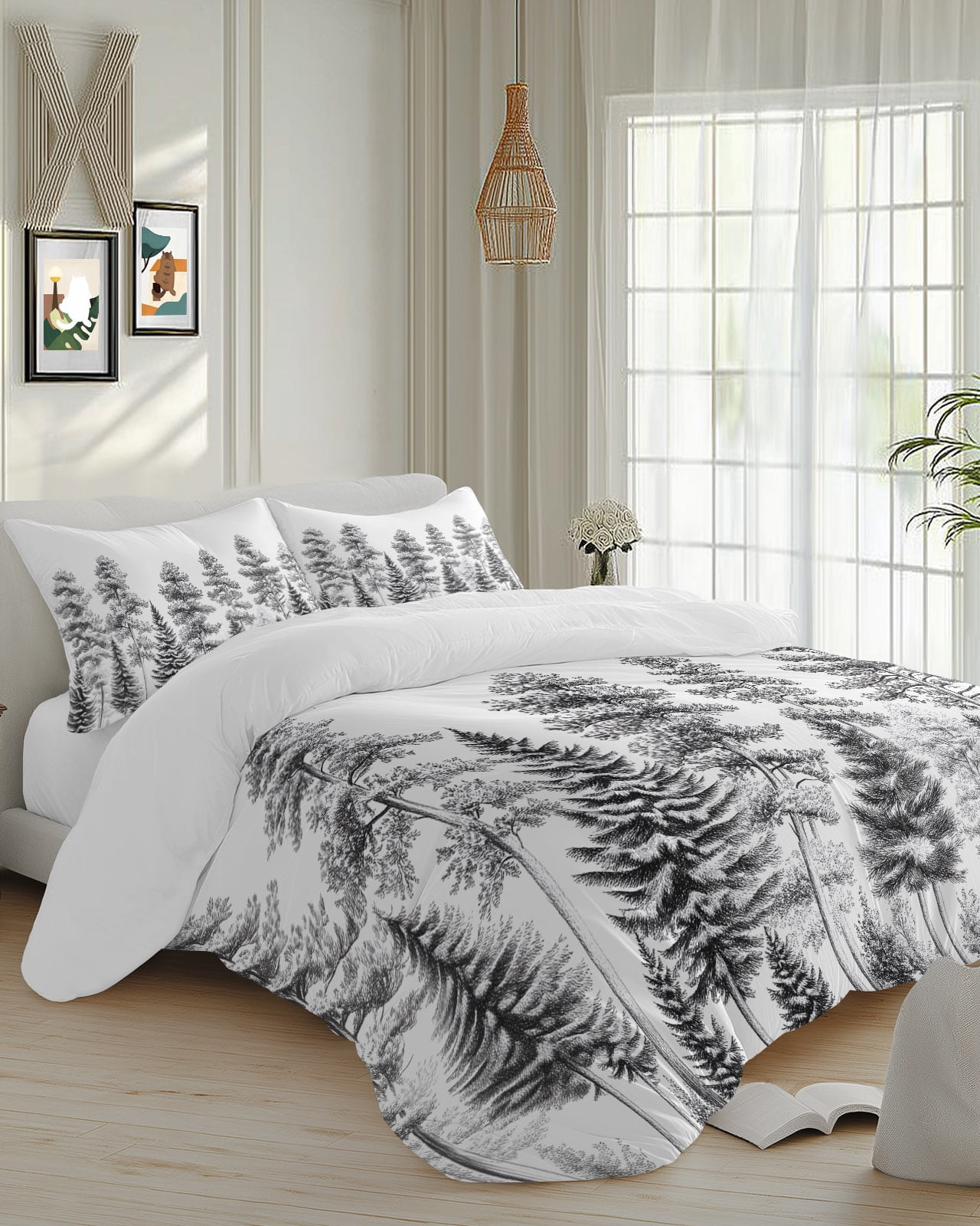 4 Piece Duvet Cover Set Queen, Grey Rainforest Leaves Branches Plants ...