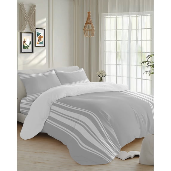 4 Piece Duvet Cover Set Queen, Grey Stripes Farmhouse Style Soft ...