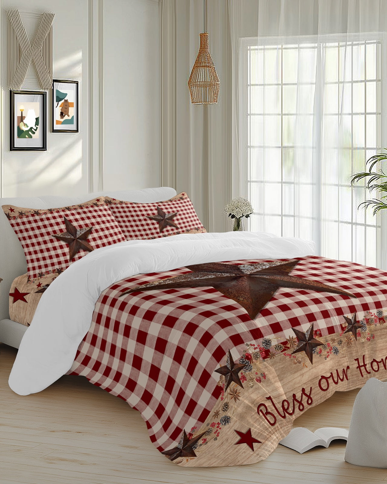 4 Piece Duvet Cover Set Queen, Independence Day Western Star on Wood ...