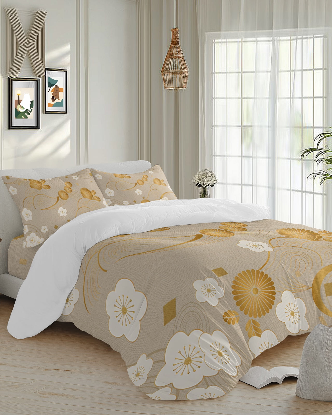 4 Piece Duvet Cover Set Queen, Japanese Harmony Cherry Blossoms Soft ...