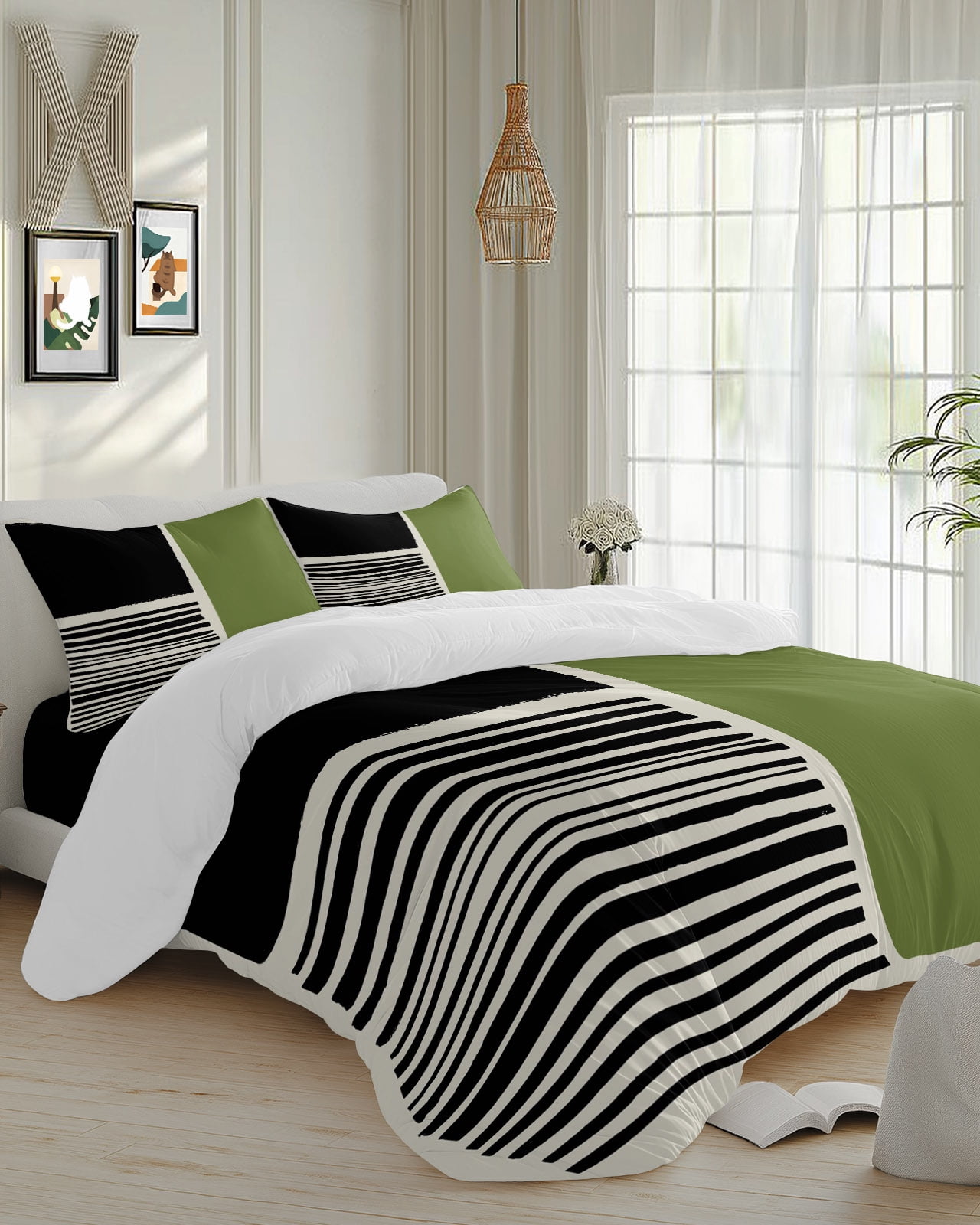 4 Piece Duvet Cover Set Queen, Japanese And Wind Black Green Stripes ...