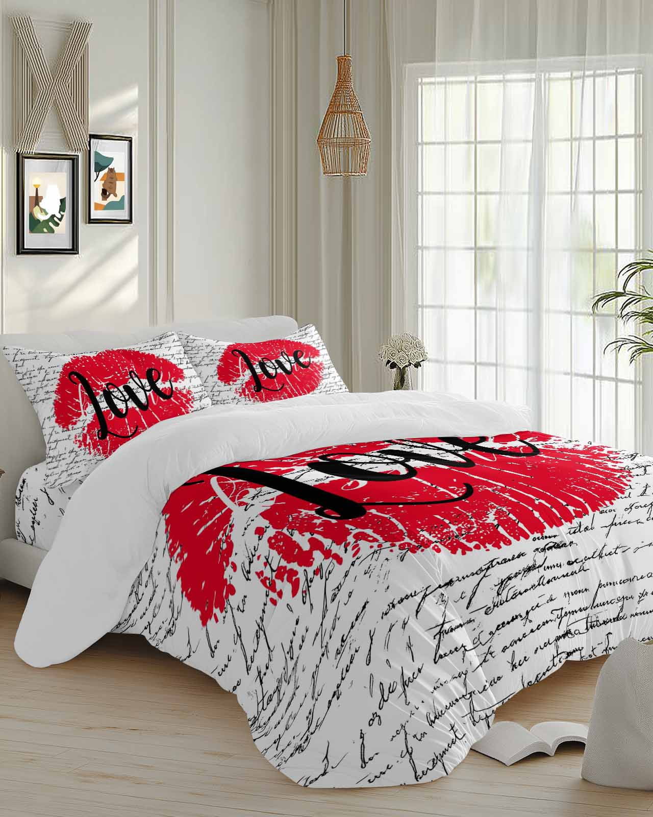 4 Piece Duvet Cover Set Queen, Kiss Red Lip Print Love Word Soft ...