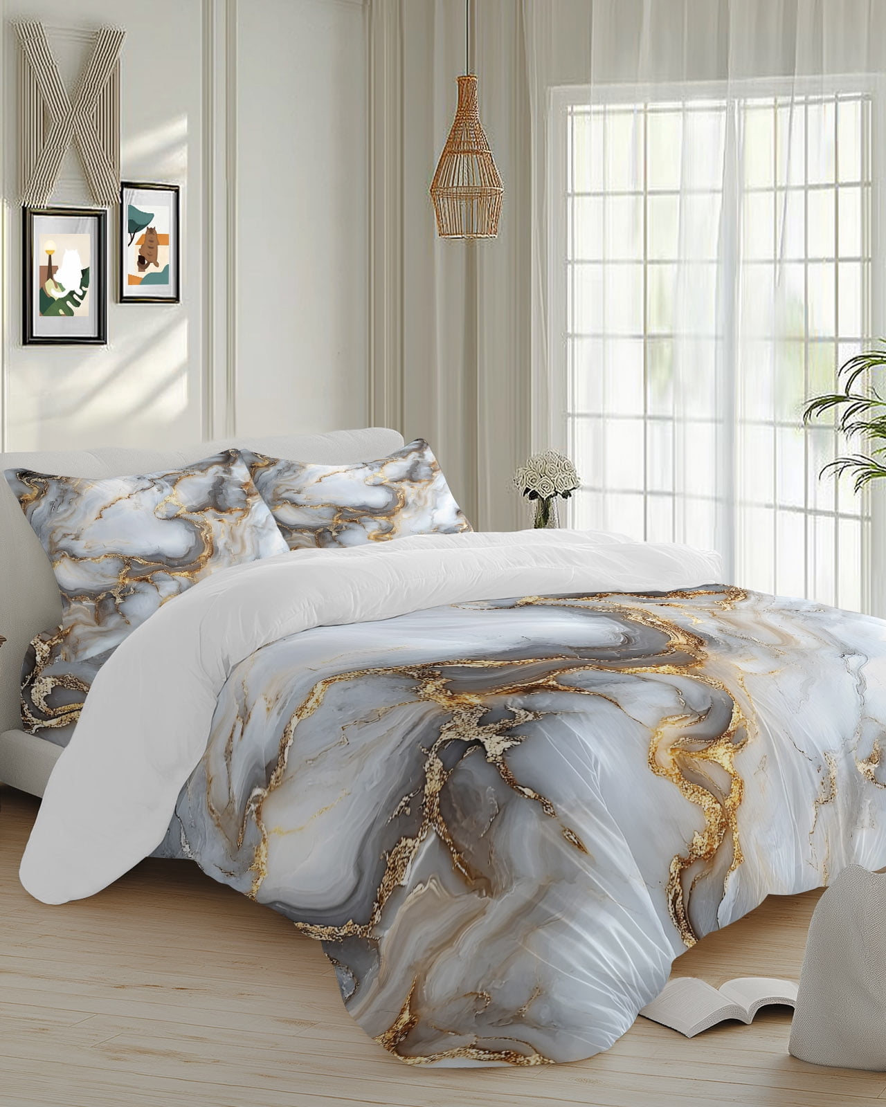 4 Piece Duvet Cover Set Queen, Marble Texture Pattern Soft Breathable ...