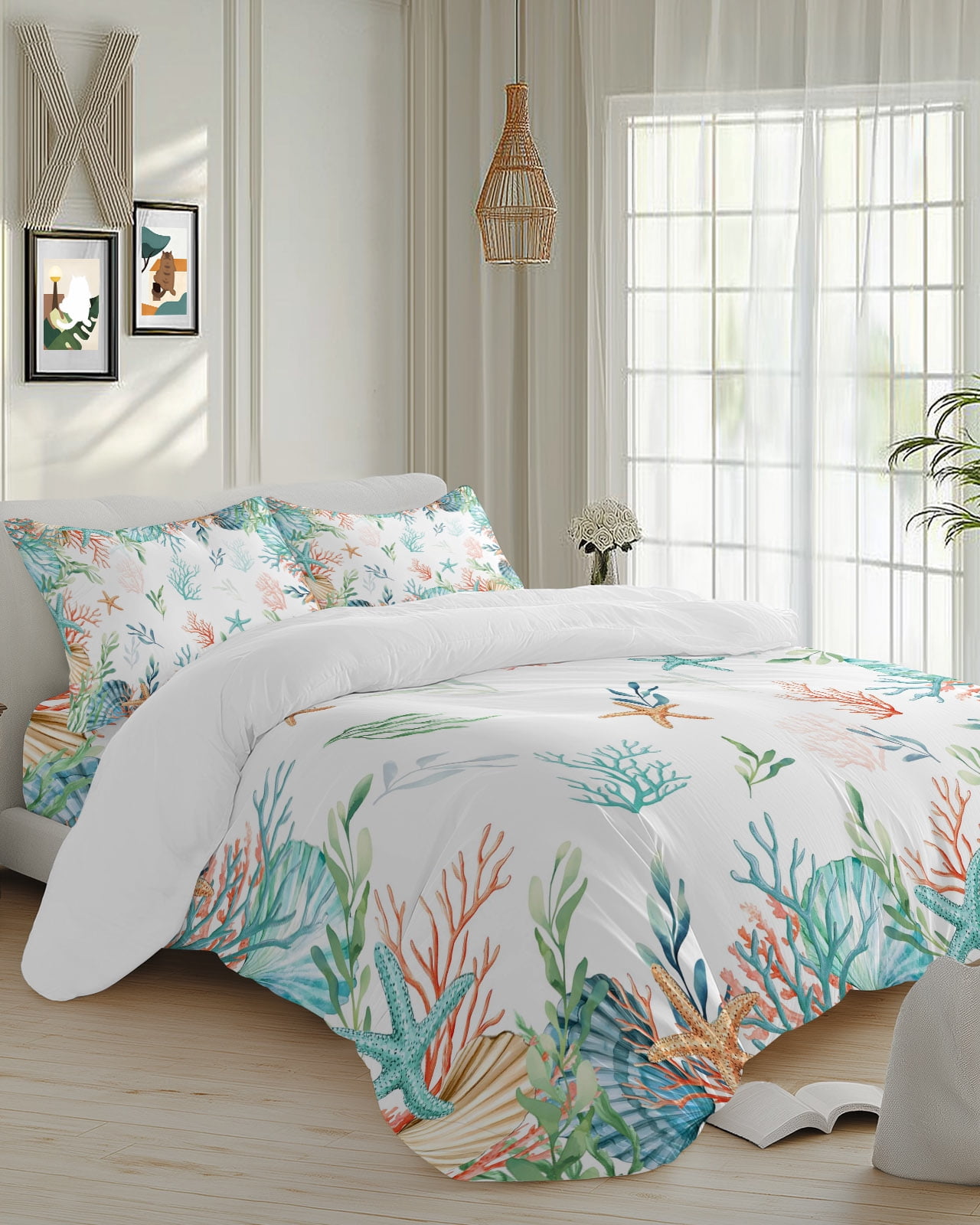 4 Piece Duvet Cover Set Queen, Marine Coral Shell Starfish Soft ...