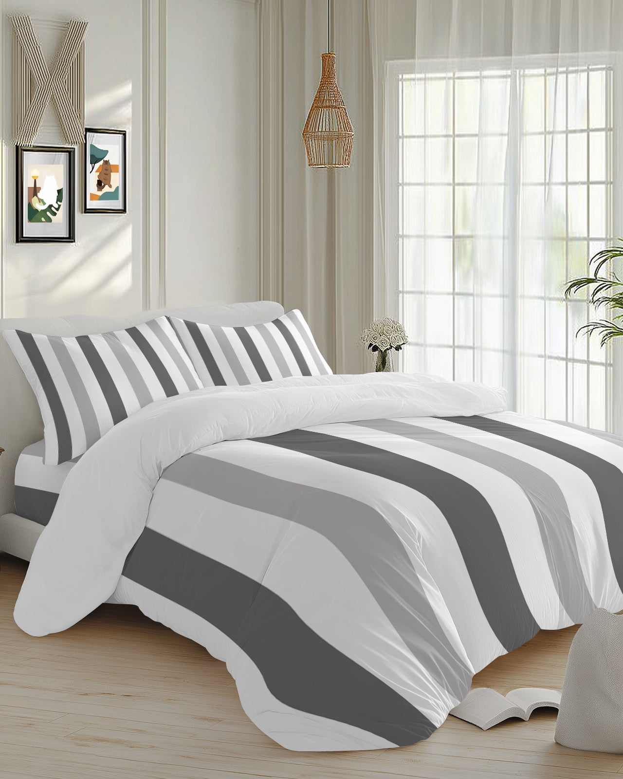 4 Piece Duvet Cover Set Queen, Minimalist Art Grey Stripes Soft ...