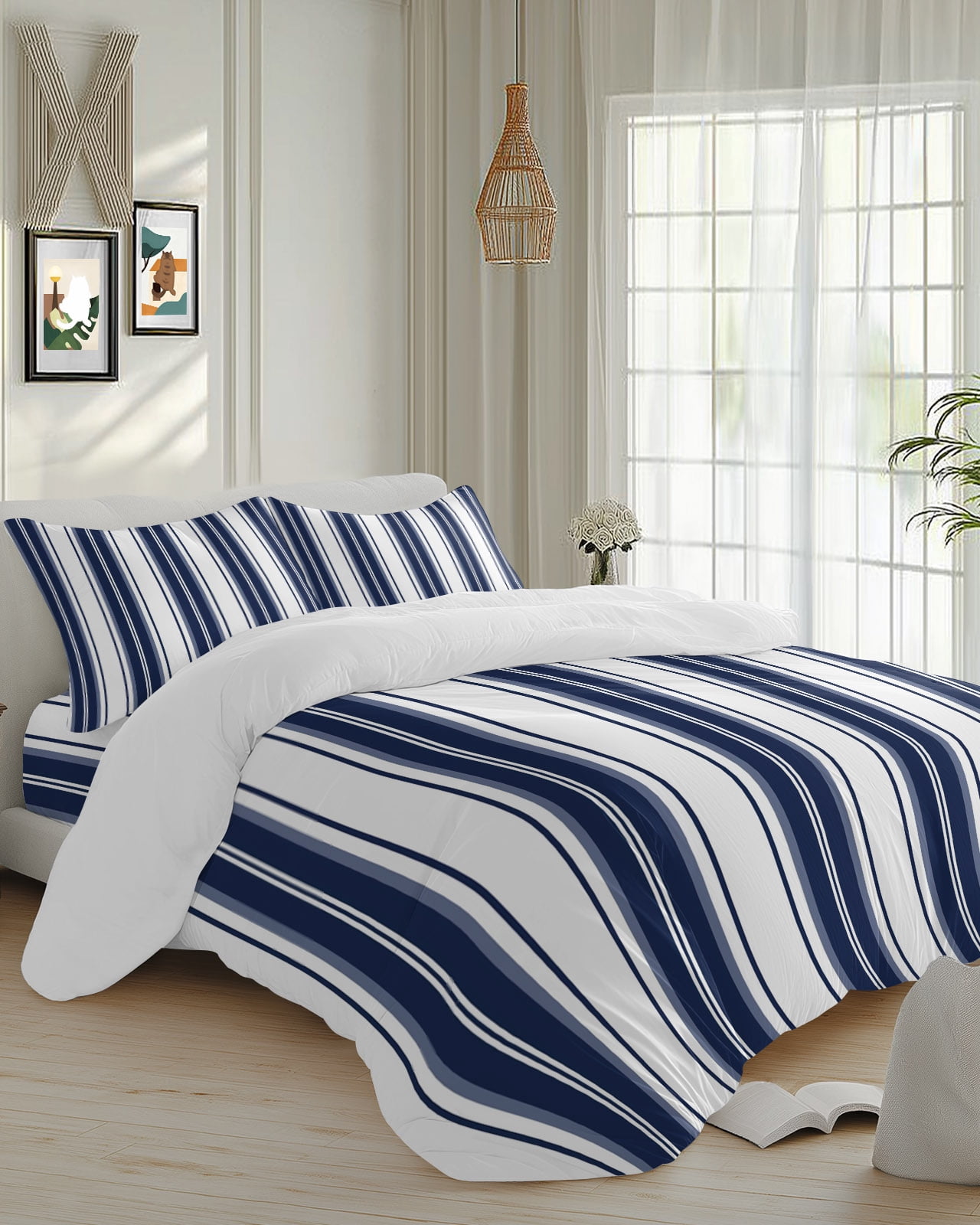 4 Piece Duvet Cover Set Queen, Minimalist Blue Stripes Soft Breathable ...