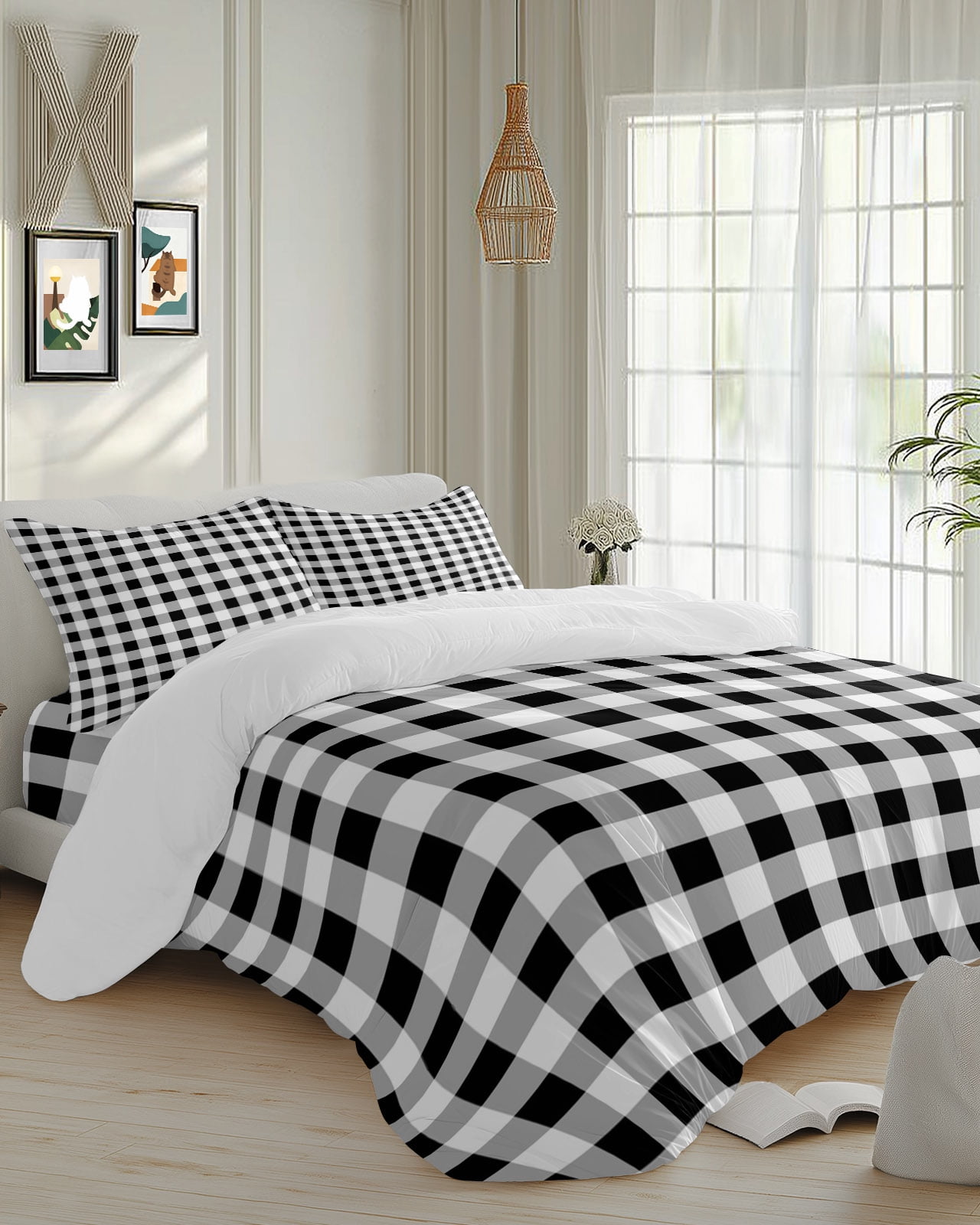 4 Piece Duvet Cover Set Queen, Modern Black White Grey Plaid Soft ...