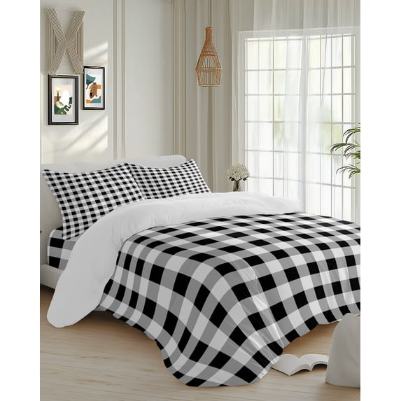 4 Piece Duvet Cover Set Queen, Modern Black White Grey Plaid Soft ...