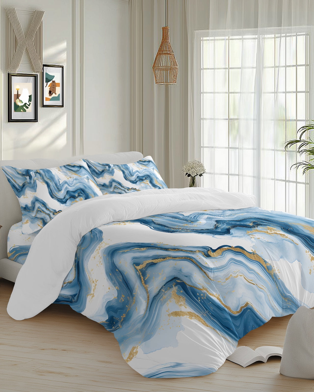 4 Piece Duvet Cover Set Queen, Modern Blue Gold Marble Stone Soft ...