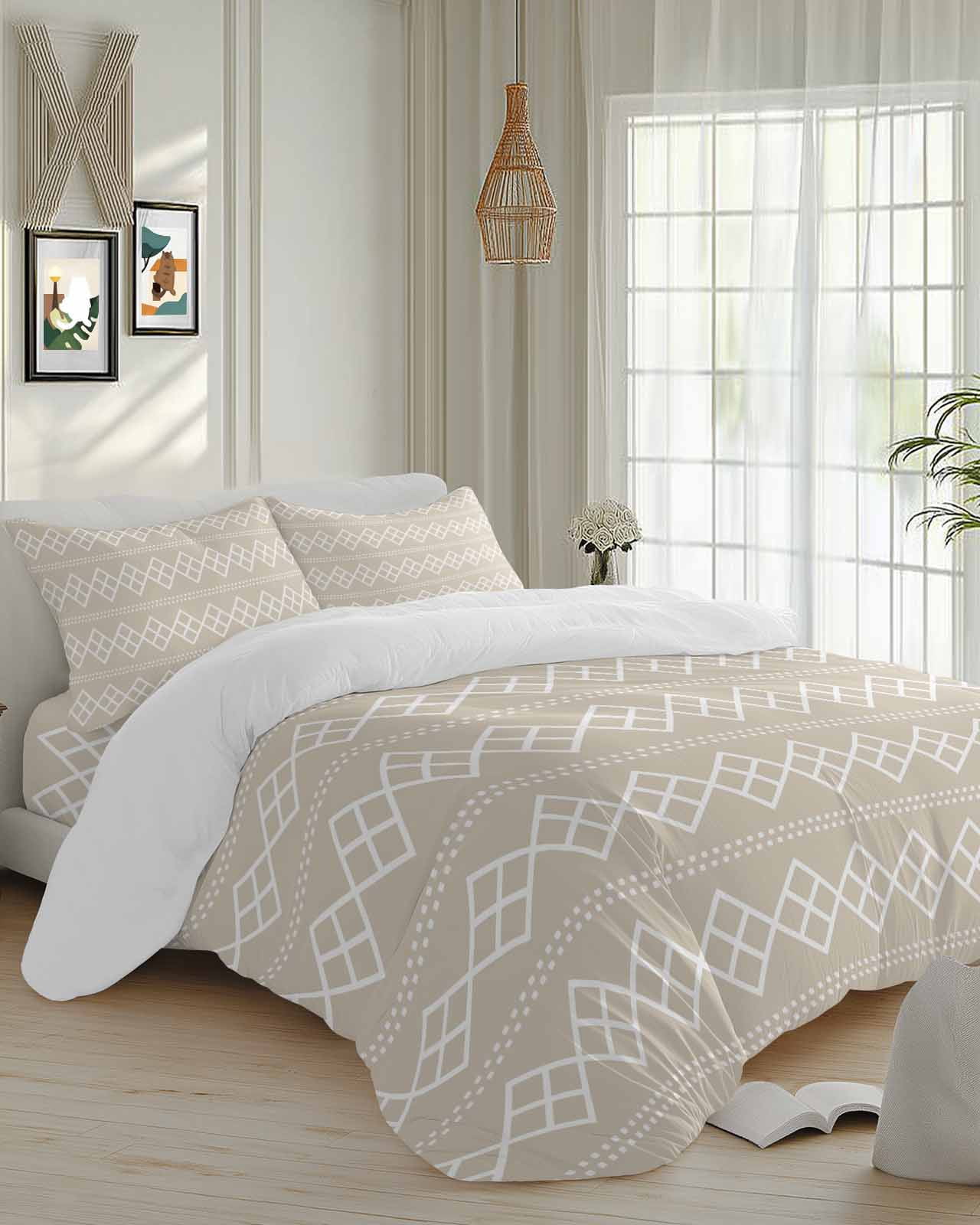 4 Piece Duvet Cover Set Queen, Modern Dotted Line Square on Beige Soft ...