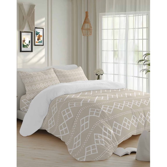 4 Piece Duvet Cover Set Queen, Modern Dotted Line Square on Beige Soft ...