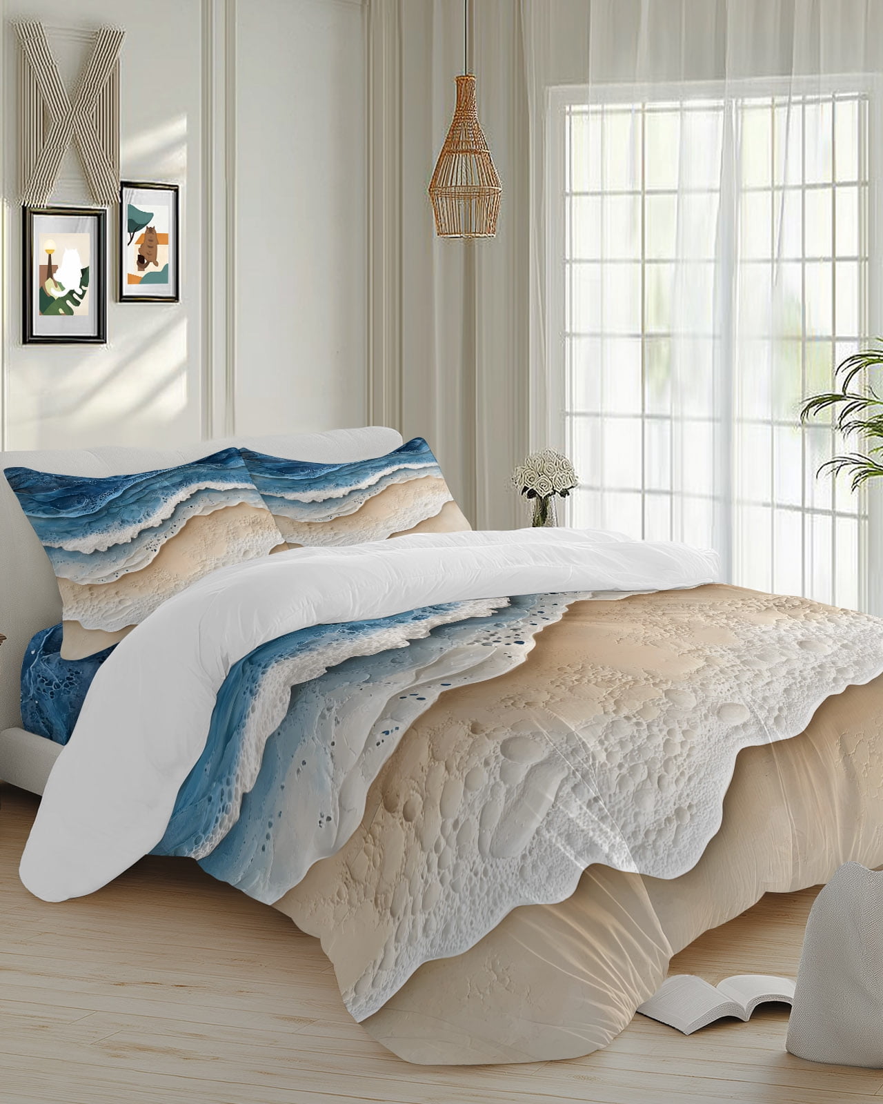 4 Piece Duvet Cover Set Queen, Modern Seaside Ocean Wave Texture Soft ...