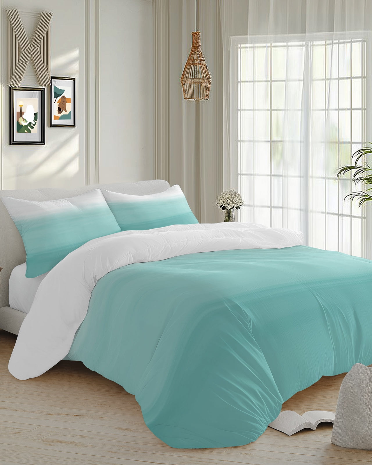 4 Piece Duvet Cover Set Queen, Modern Teal White Gradient Art Soft ...