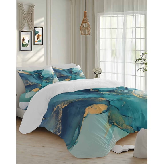4 Piece Duvet Cover Set Queen, Modern Turquoise Marble Texture Soft ...