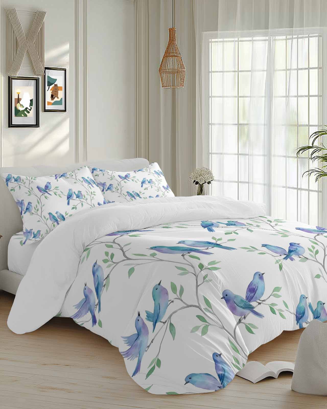 4 Piece Duvet Cover Set Queen, Modern Watercolor Bird Tree Branch Soft ...