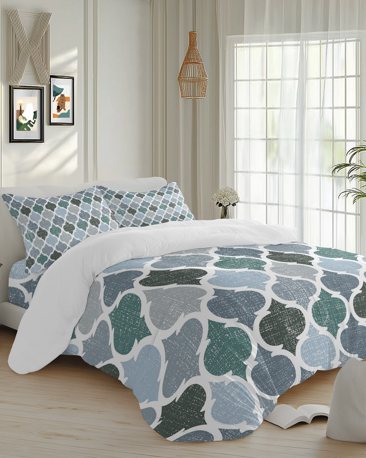 4 Piece Duvet Cover Set Queen, Moroccan Geometric Pattern Soft ...