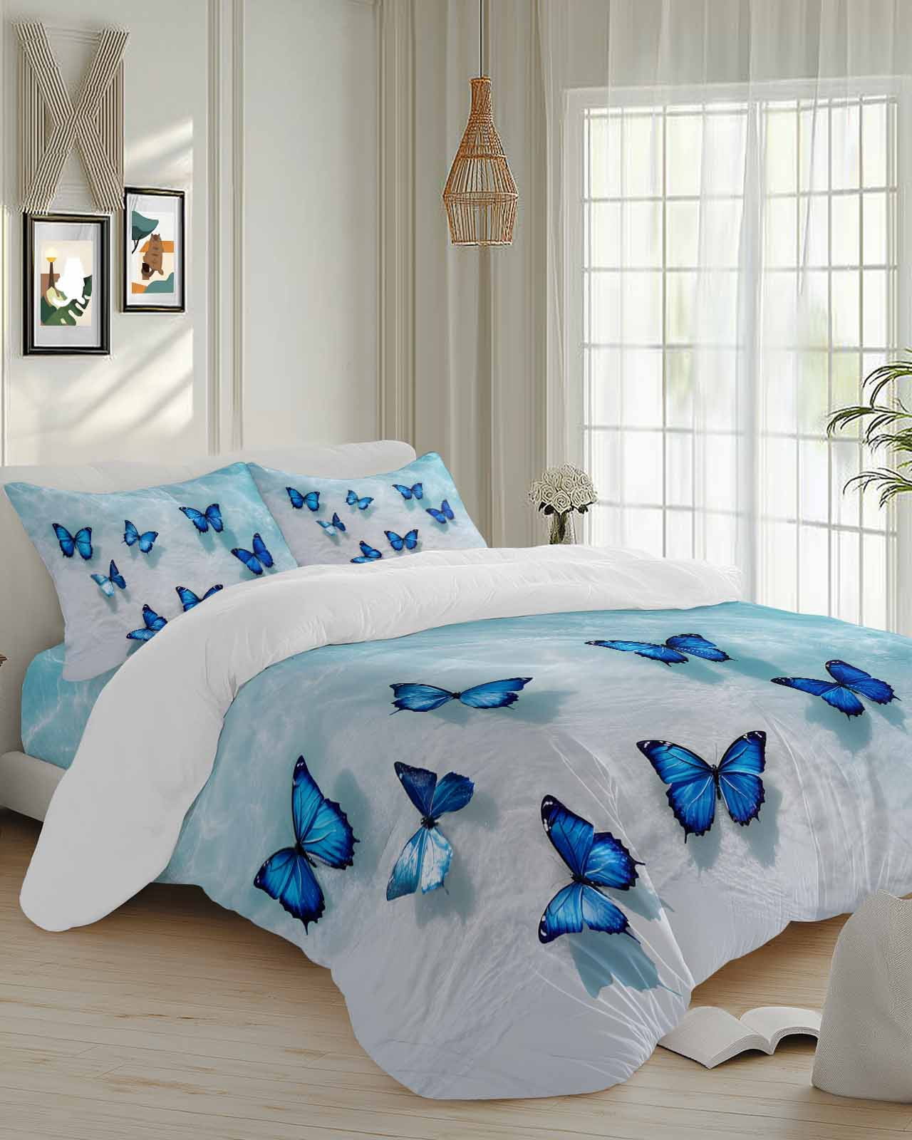 4 Piece Duvet Cover Set Queen, Natural Ocean Beach Blue Butterfly Soft ...
