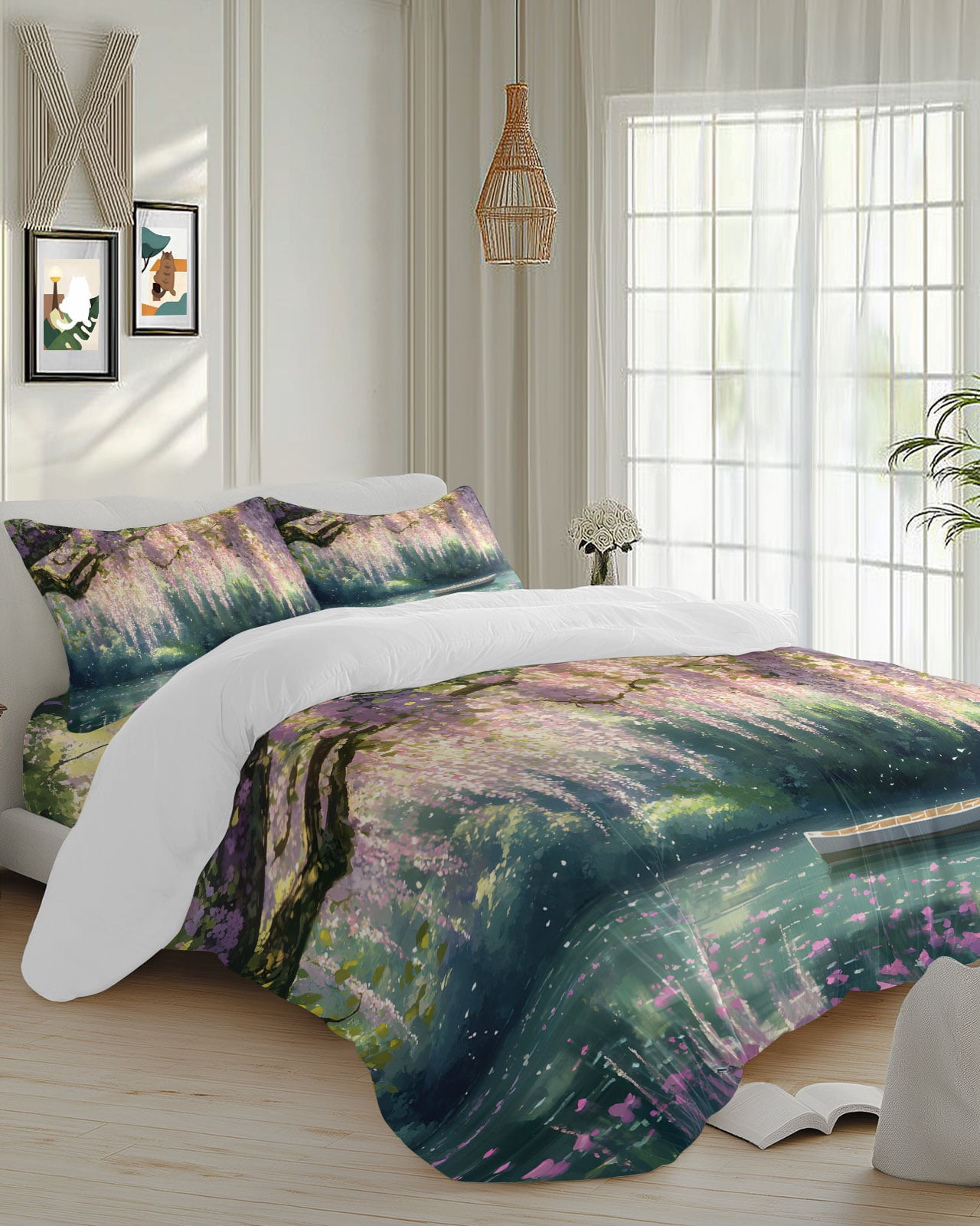4 Piece Duvet Cover Set Queen, Natural Scenery Pink Flower Lake Soft ...