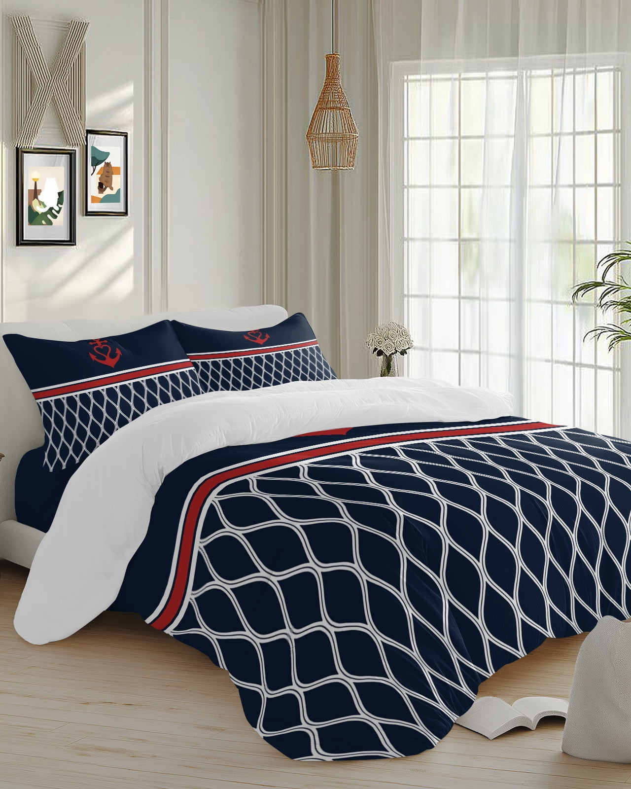 4 Piece Duvet Cover Set Queen, Nautical Anchor Dark Blue Lattice Soft ...