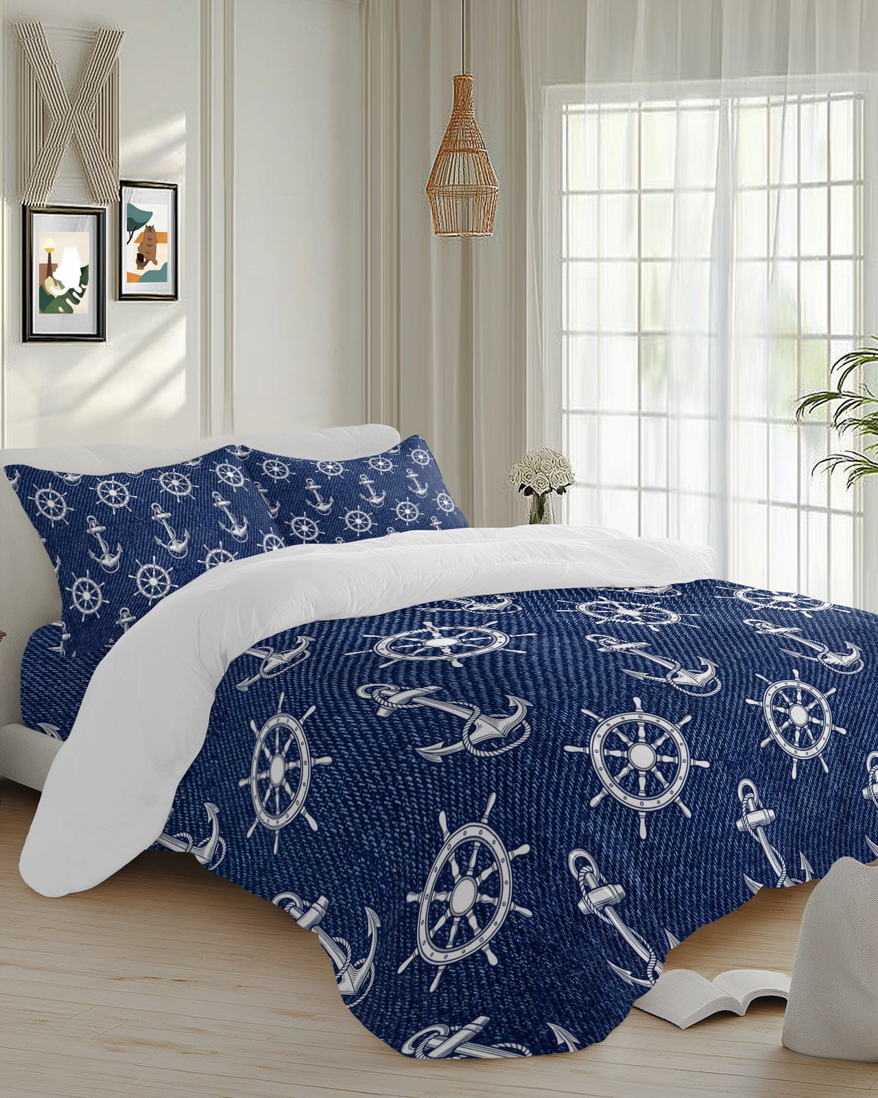 4 Piece Duvet Cover Set Queen, Nautical Anchor Rudder Ocean Theme Soft ...