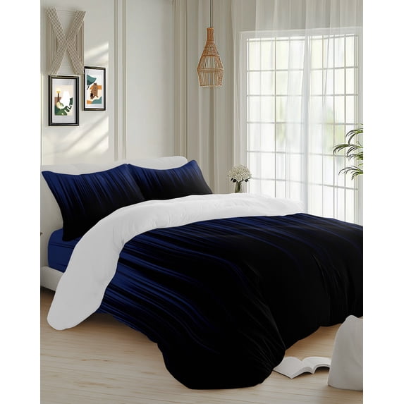 4 Piece Duvet Cover Set Queen, Navy Blue Black Striped Line Soft ...