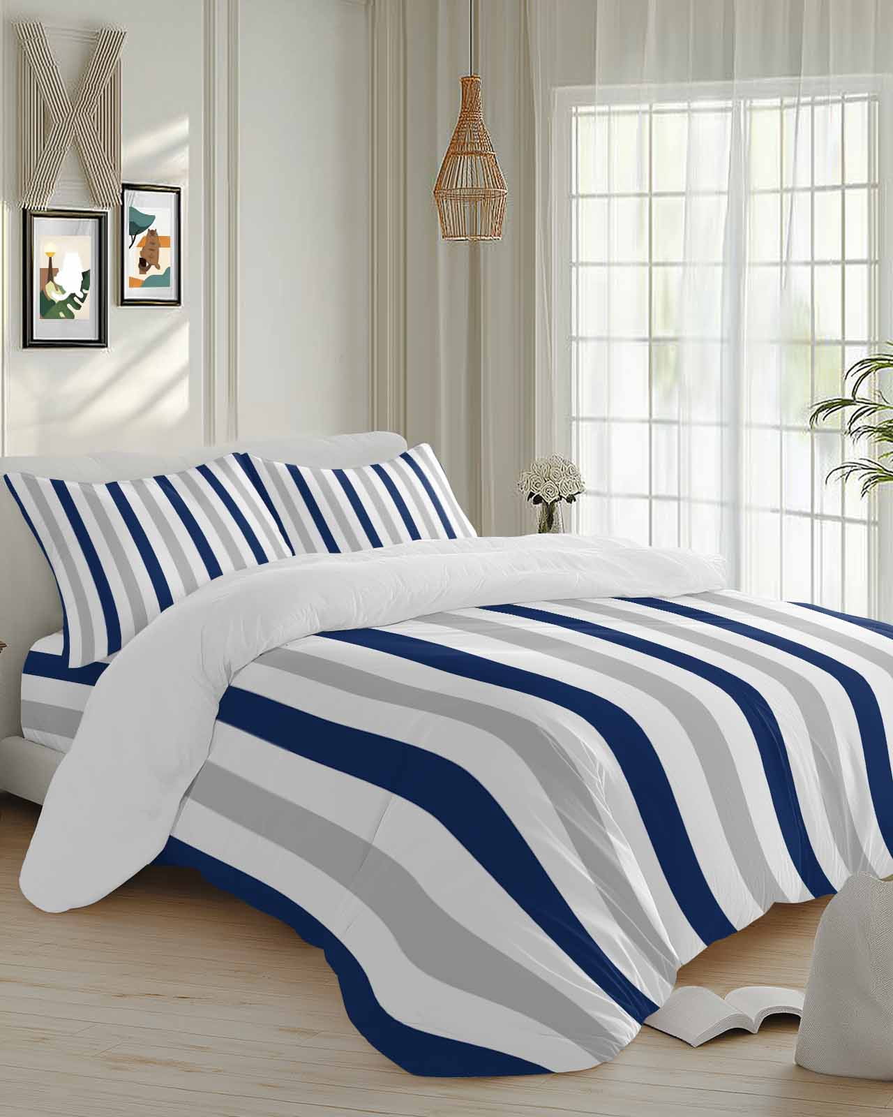 4 Piece Duvet Cover Set Queen, Navy Blue Stripes Gray Line Soft ...