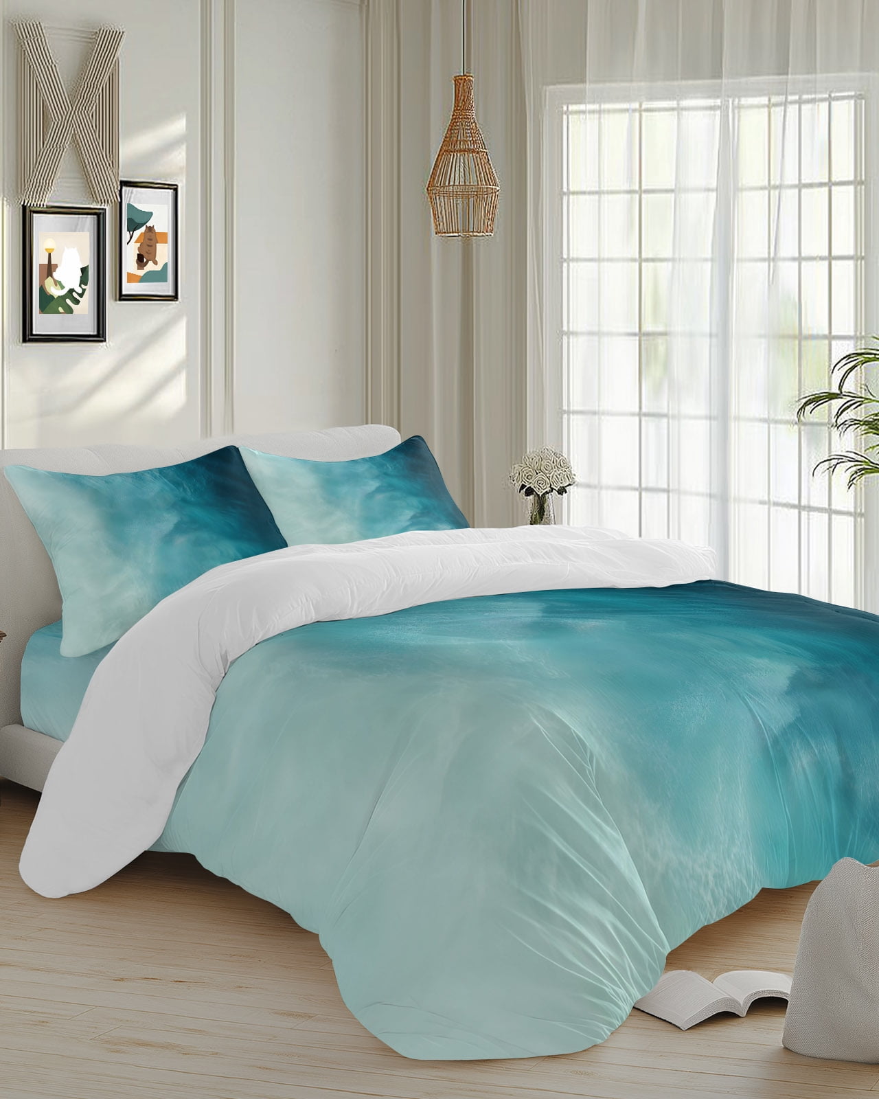 4 Piece Duvet Cover Set Queen, Ocean Blue Green Gradient Soft ...