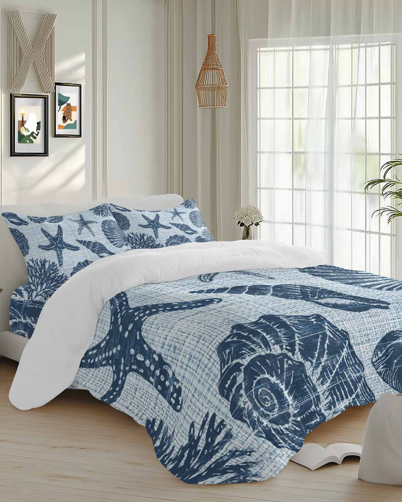 4 Piece Duvet Cover Set Queen, Ocean Conch Starfish Coral Soft ...