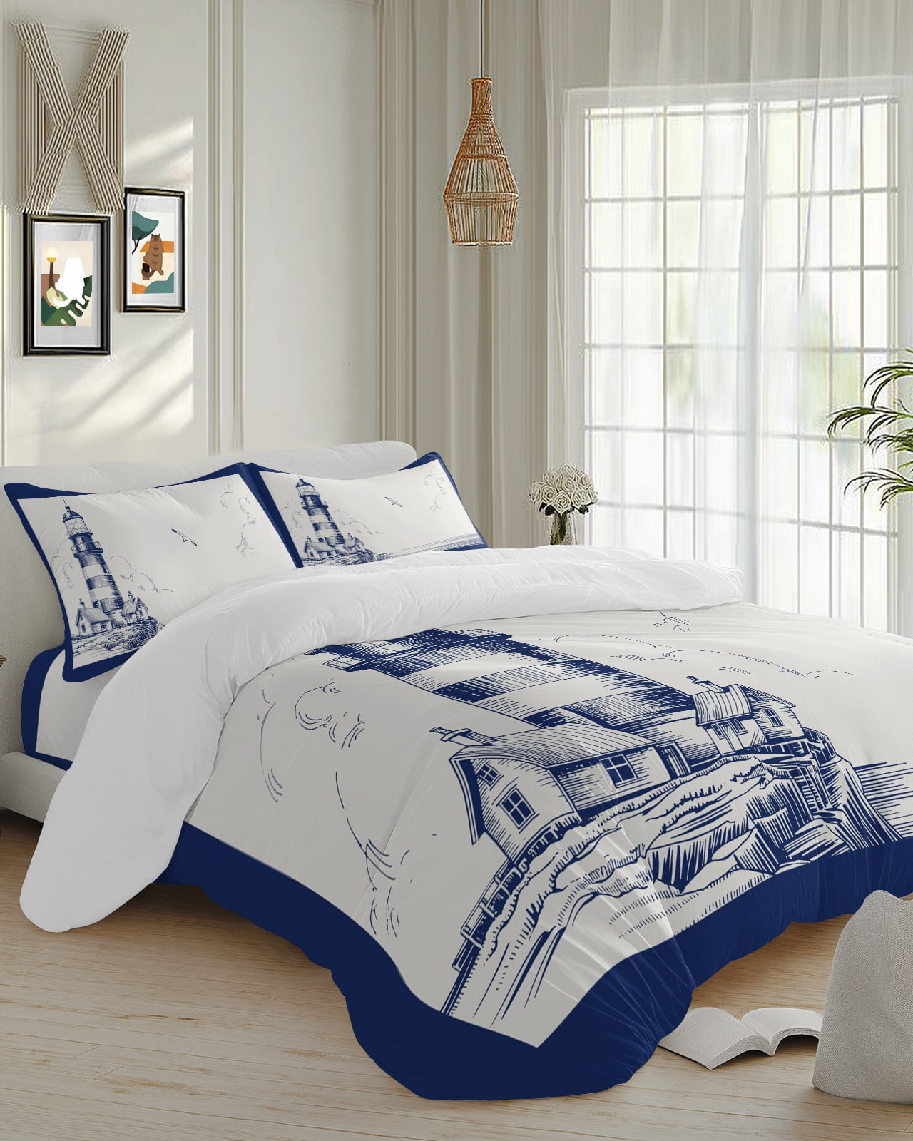 4 Piece Duvet Cover Set Queen, Ocean Lighthouse Seagull Island House ...