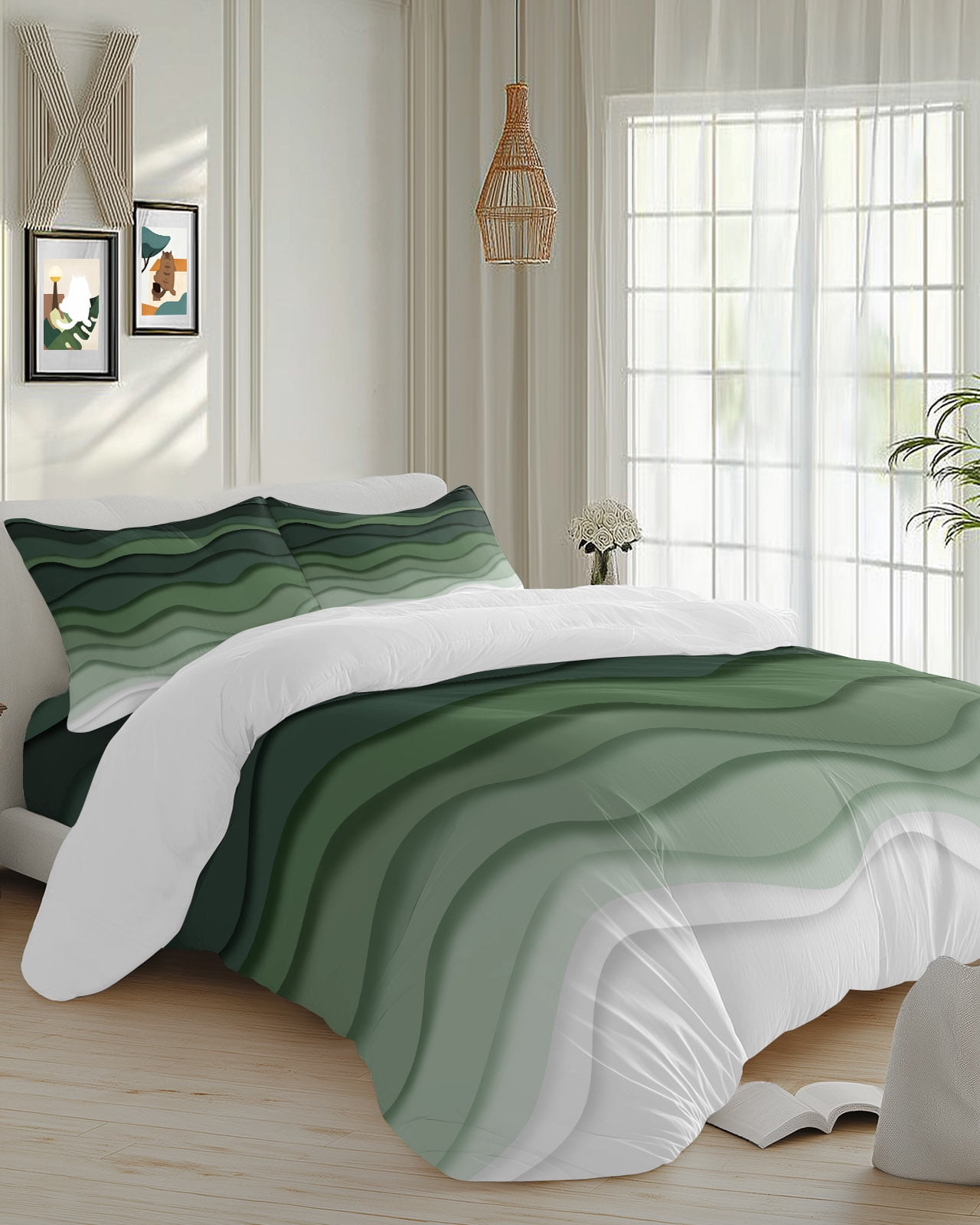 4 Piece Duvet Cover Set Queen, Ocean Sage Green Gradient Art Soft ...