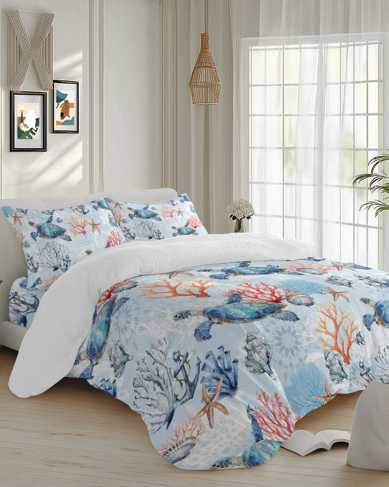 4 Piece Duvet Cover Set Queen, Ocean Sea Turtle Coral Seamless Soft ...