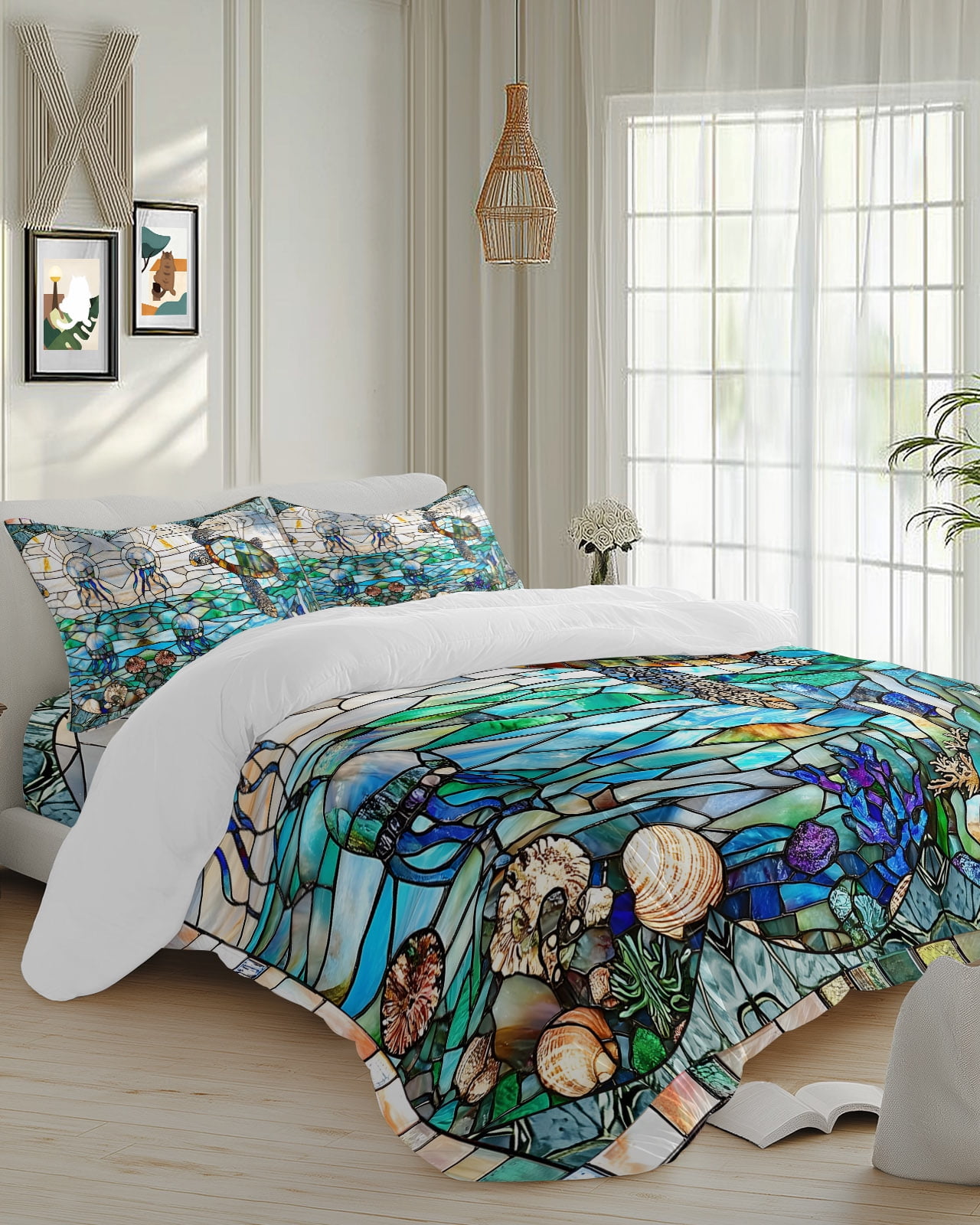 4 Piece Duvet Cover Set Queen, Ocean Sea Turtle Coral Underwater World ...