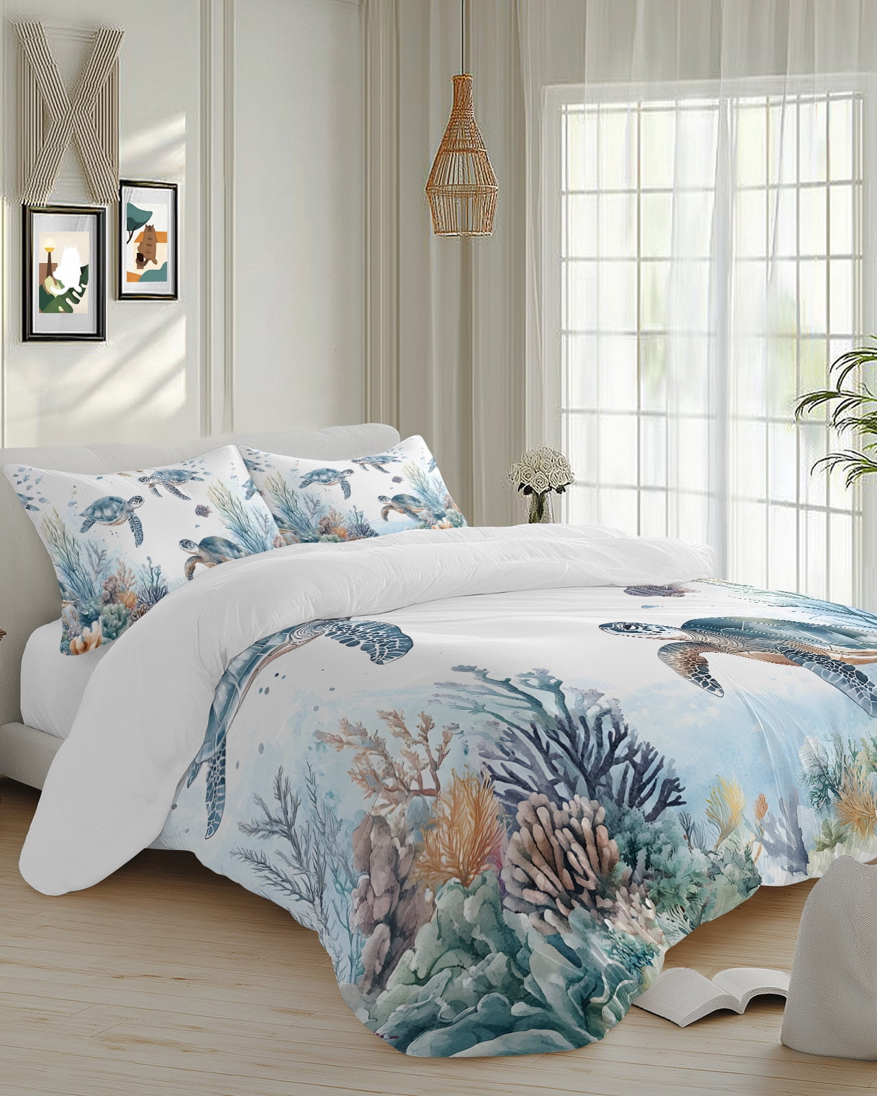4 Piece Duvet Cover Set Queen, Ocean Sea Turtle Fish Coral Seaweed Soft ...